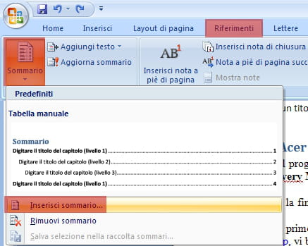 Aggiungere un sommario ad un documento Word